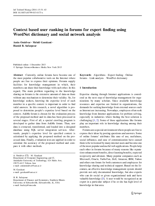 (PDF) Contextual User Ranking for Expert Finding