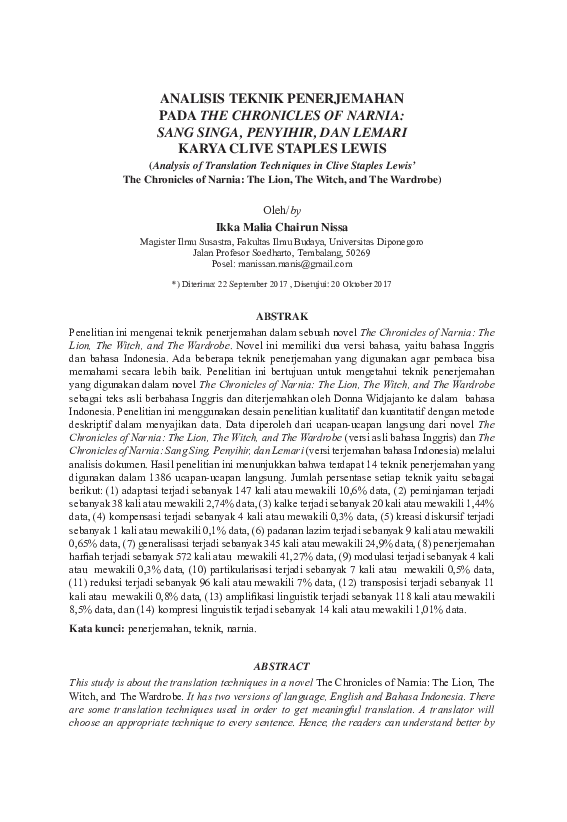 (PDF) ANALISIS TEKNIK PENERJEMAHAN PADA THE CHRONICLES OF NARNIA: SANG ...