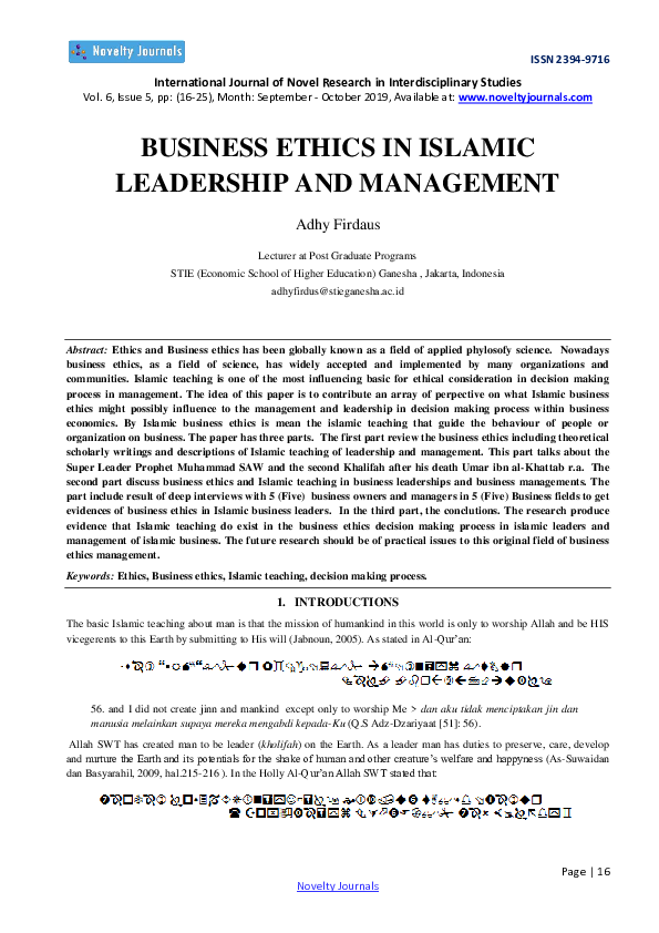 (PDF) BUSINESS ETHICS IN ISLAMIC LEADERSHIP AND MANAGEMENT
