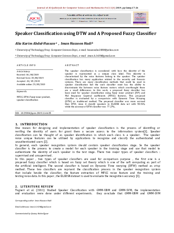 (PDF) Speaker Classification using DTW and A Proposed Fuzzy Classifier
