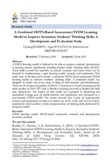 (PDF) A Combined HOTS-Based Assessment/STEM Learning Model to Improve Secondary Students ...