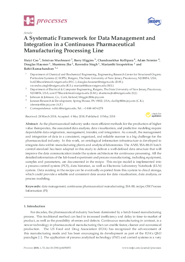 (PDF) A Systematic Framework for Data Management and Integration in a Continuous Pharmaceutical ...