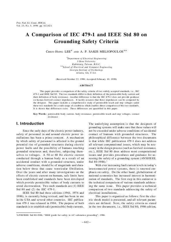 (PDF) A Comparison of IEC 479-1 and IEEE Std 80 on Grounding Safety ...