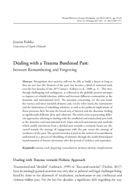 (PDF) Dealing with a Trauma Burdened Past: between Remembering and ...