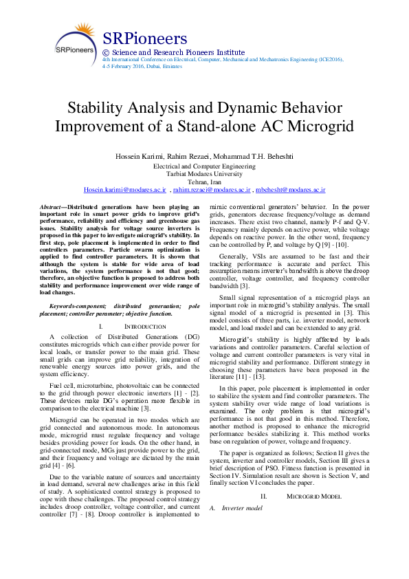 (PDF) Stability Analysis and Dynamic Behavior Improvement of a Stand-alone AC Microgrid