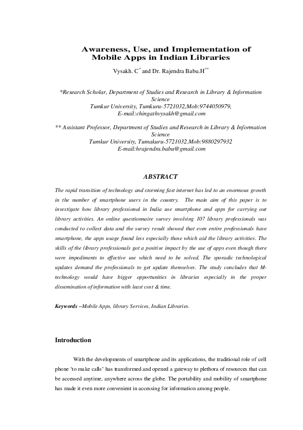 (PDF) Awareness, Use, and Implementation of Mobile Apps in Indian Libraries