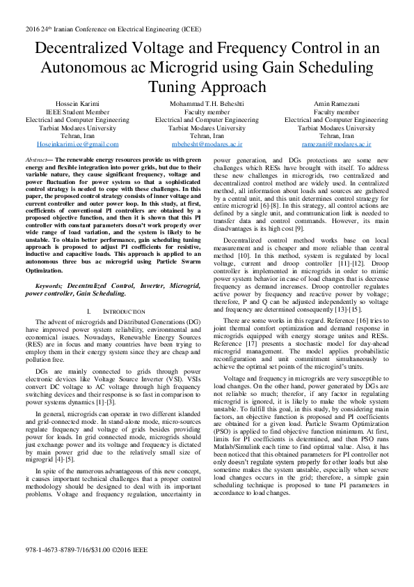 (PDF) Hossein Decentralized Voltage and Frequency Control in an Autonomous ac Microgrid using ...
