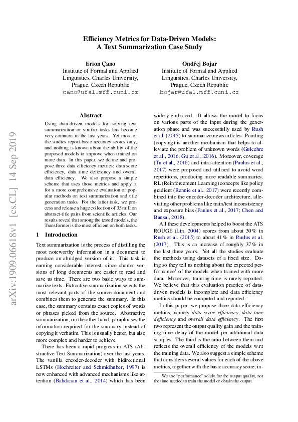 Pdf Efficiency Metrics For Data Driven Models A Text Summarization
