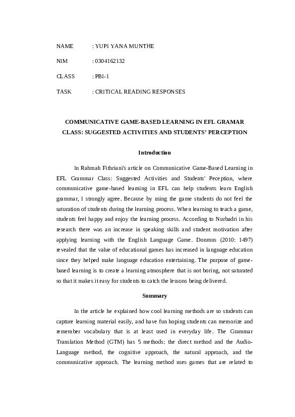 (PDF) CRITICAL READING RESPONSES "Communicative Game-Based Learning in ...