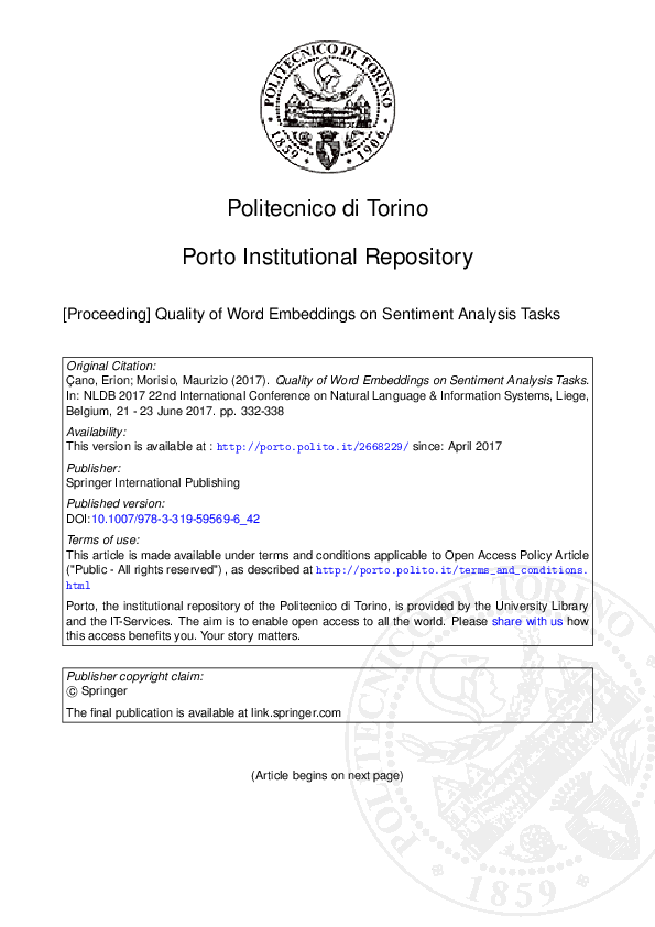 Pdf Quality Of Word Embeddings On Sentiment Analysis Tasks