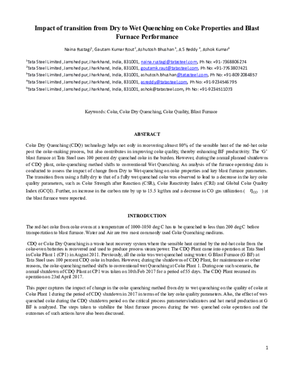 (DOC) Impact of transition from Dry to Wet Quenching on Coke Properties ...