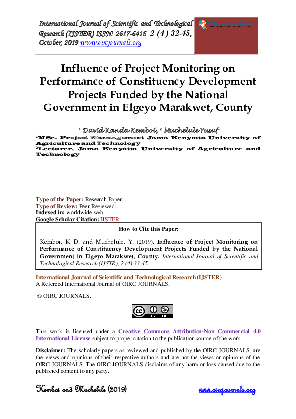(PDF) Influence of Project Monitoring on Performance of Constituency Development Projects Funded ...