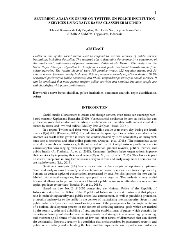 (PDF) SENTIMENT ANALYSIS OF USE ON TWITTER ON POLICE INSTITUTION SERVICES USING NAÏVE BAYES ...