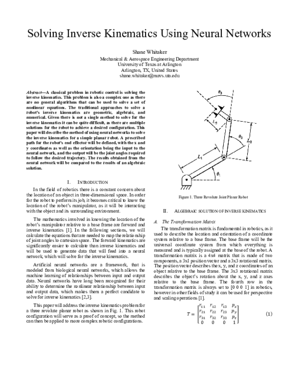 Pdf Solving Inverse Kinematics Using Neural Networks