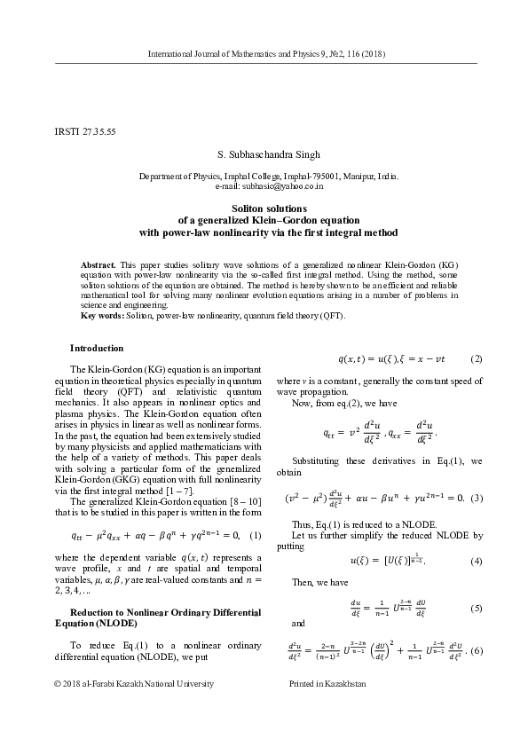 (PDF) Soliton solutions of a generalized Klein-Gordon equation with power-law nonlinearity via ...