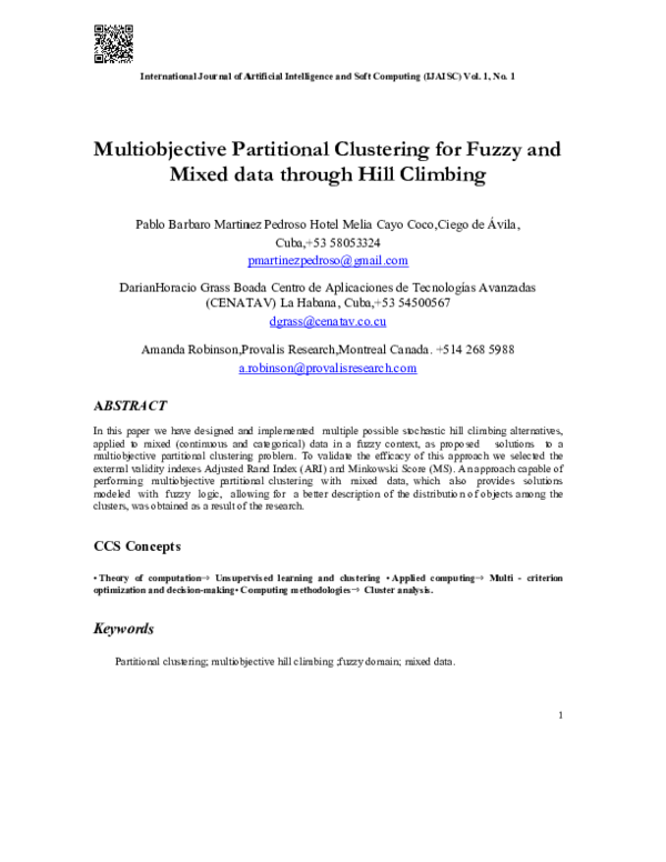(PDF) Multiobjective Partitional Clustering for Fuzzy and Mixed data through Hill Climbing