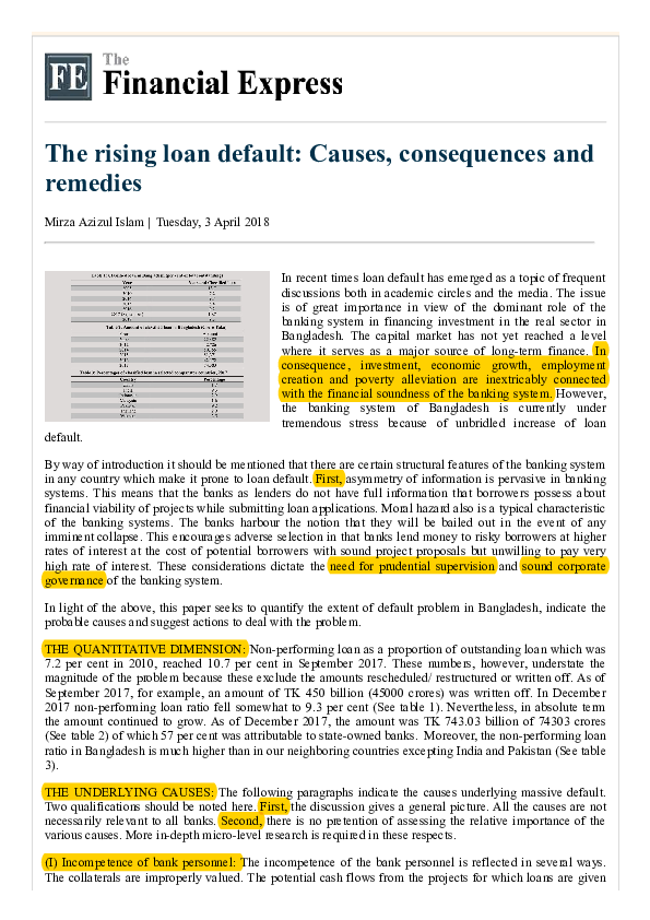 (PDF) The rising loan default: Causes, consequences and remedies