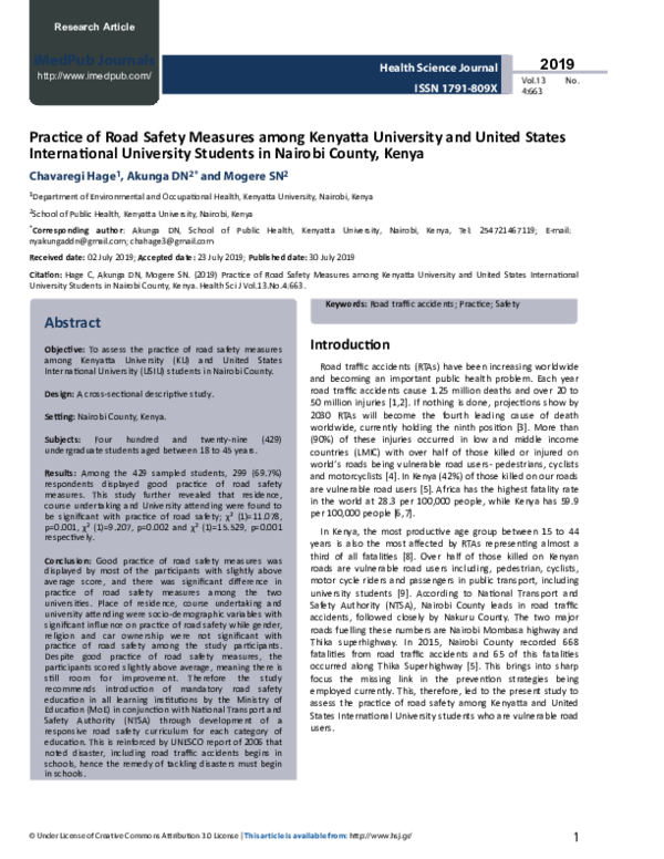 (PDF) Practice of Road Safety Measures among Kenyatta University and ...