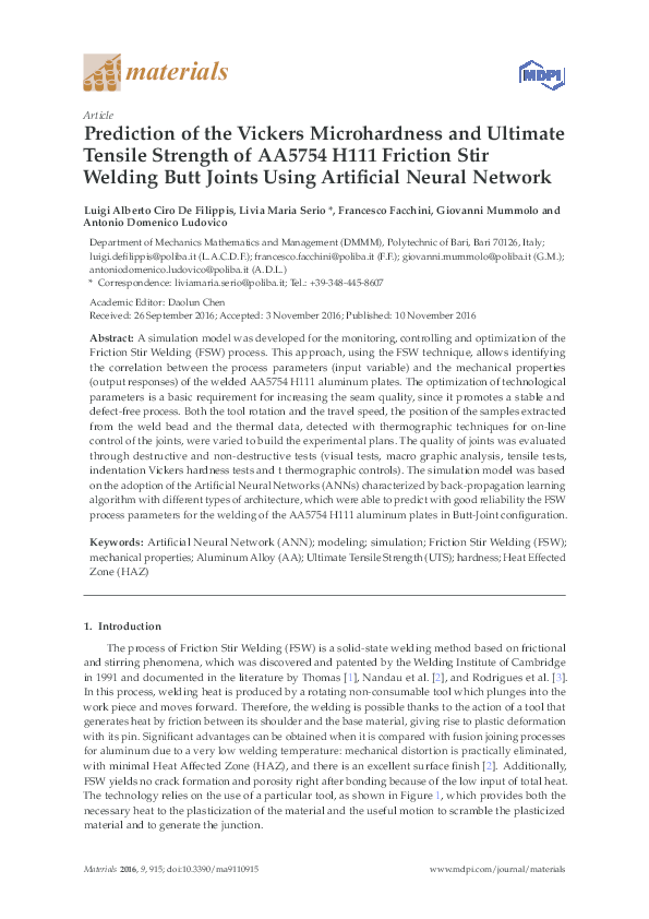 (PDF) Prediction of the Vickers Microhardness and Ultimate Tensile Strength of AA5754 H111 ...