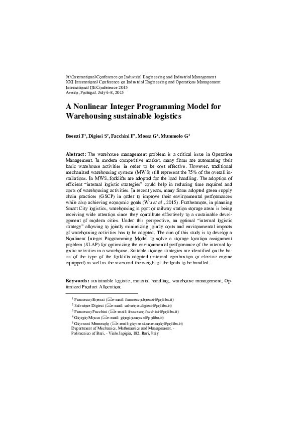Pdf A Nonlinear Integer Programming Model For Warehousing Sustainable