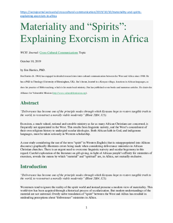(PDF) Materiality and “Spirits”: Explaining Exorcism in Africa