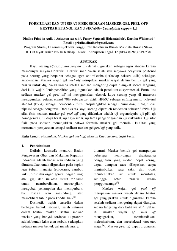 (DOC) FORMULASI DAN UJI SIFAT FISIK SEDIAAN MASKER GEL PEEL OFF EKSTRAK ETANOL KAYU SECANG ...