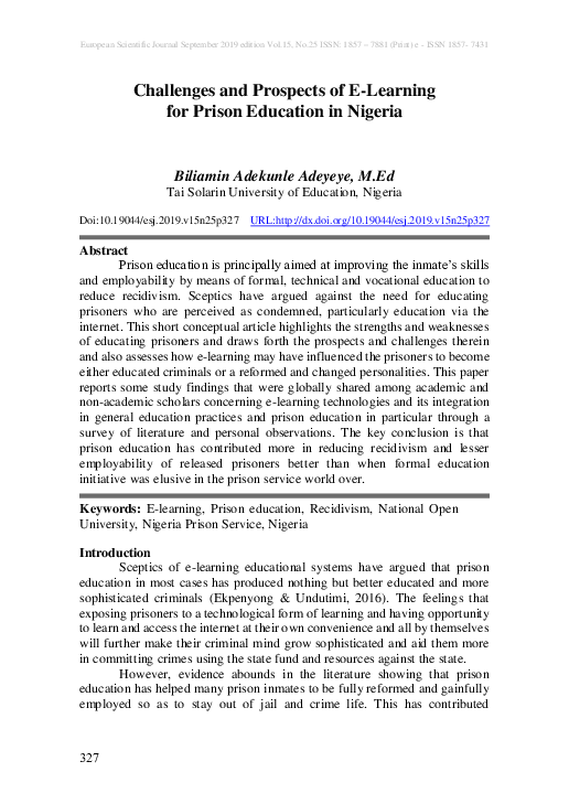 (PDF) Challenges and Prospects of E-Learning for Prison Education in ...