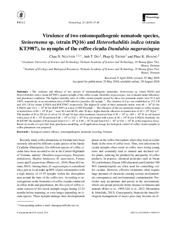 (PDF) Virulence of two entomopathogenic nematode species, Steinernema sp. (strain PQ16) and ...