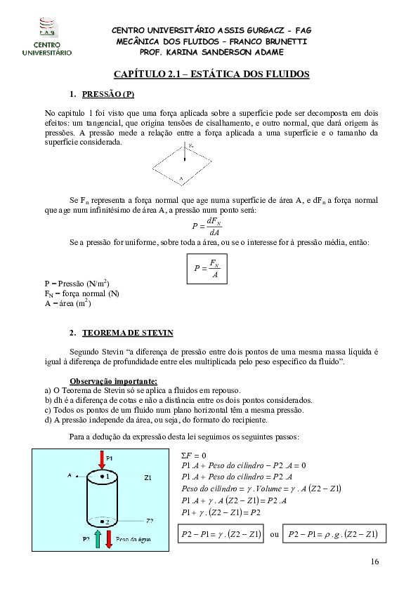 (PDF) CENTRO UNIVERSITÁRIO ASSIS GURGACZ -FAG MECÂNICA DOS FLUIDOS ...