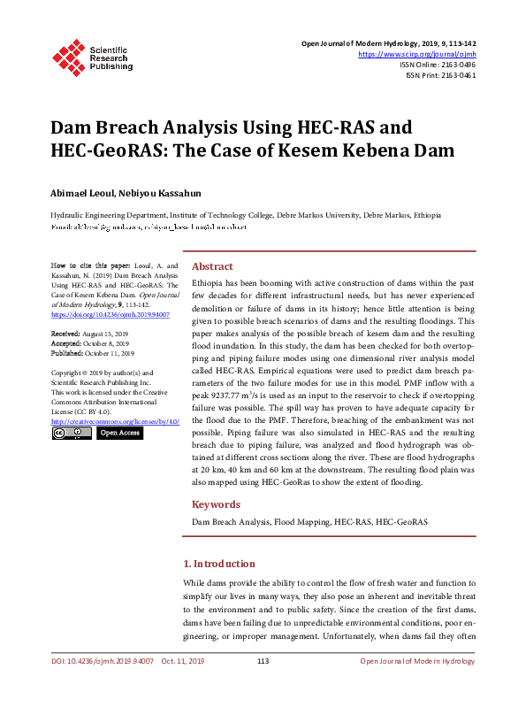 (PDF) Dam Breach Analysis Using HEC-RAS and HEC-GeoRAS: The Case of ...