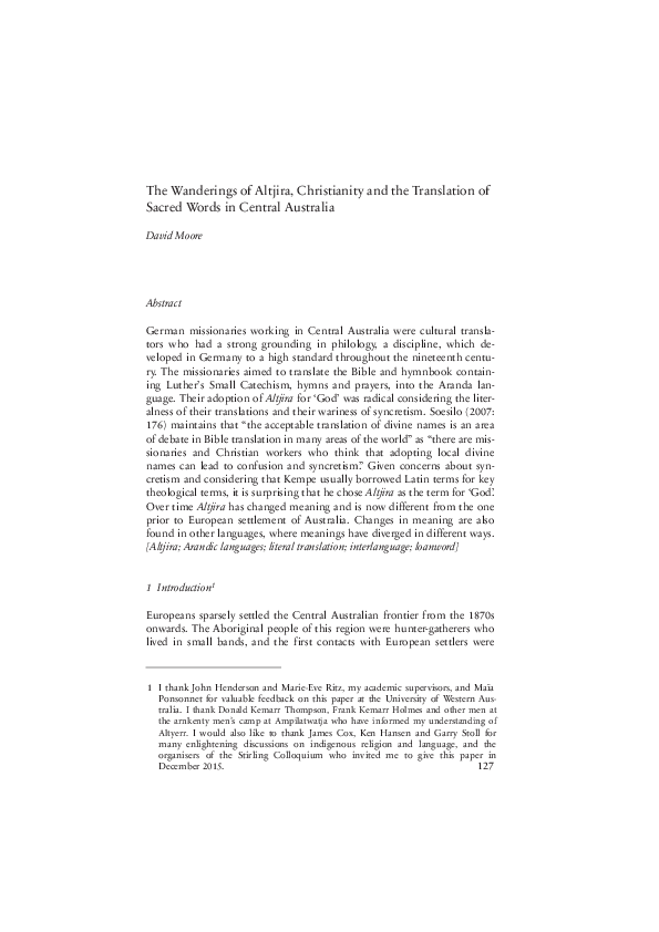 (PDF) The Wanderings of Altjira, Christianity and the Translation of ...
