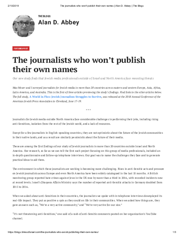 (PDF) The Jewish Journalists Who Won't Publish Their Own Names