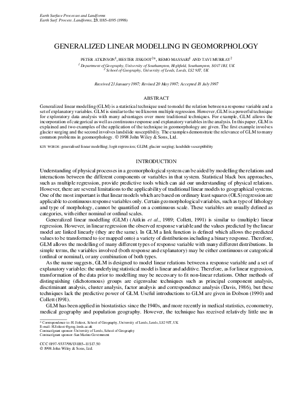 (PDF) Generalized linear modelling in geomorphology | Hester Jiskoot - Academia.edu