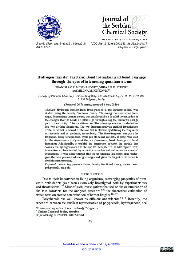 (PDF) Hydrogen transfer reaction: Bond formation and bond cleavage ...