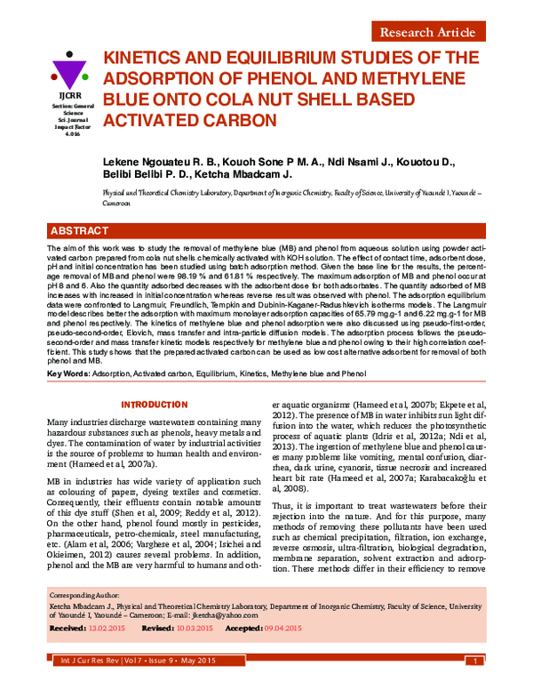 (PDF) KINETICS AND EQUILIBRIUM STUDIES OF THE ADSORPTION OF PHENOL AND METHYLENE BLUE ONTO COLA ...