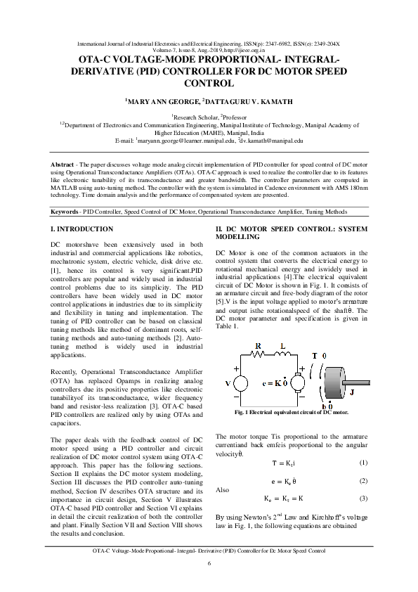 (PDF) OTA-C VOLTAGE-MODE PROPORTIONAL-INTEGRAL- DERIVATIVE (PID) CONTROLLER FOR DC MOTOR SPEED ...