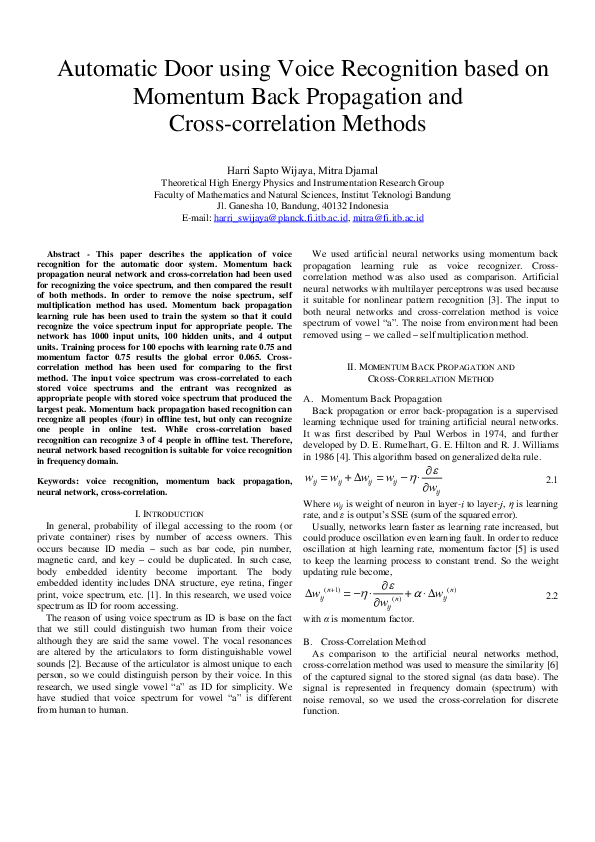 (PDF) Automatic Door using Voice Recognition based on Momentum Back Propagation and Cross ...