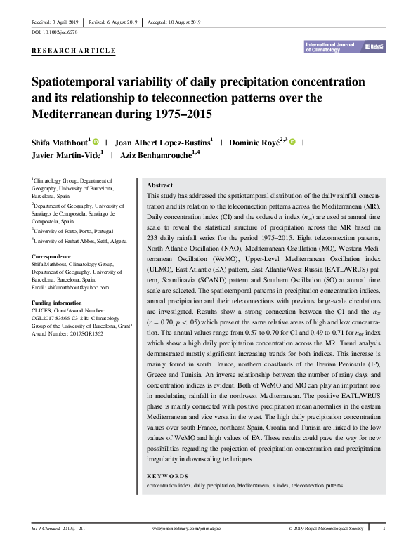 Pdf Spatiotemporal Variability Of Daily Precipitation Concentration