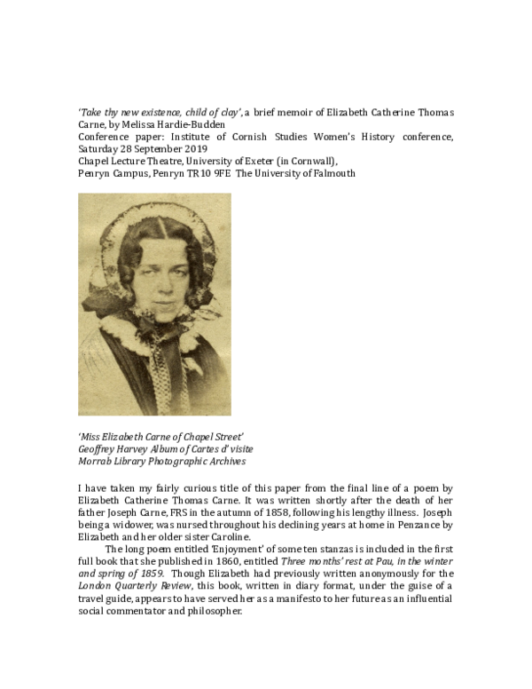 (DOC) Take thy new existence: Elizabeth Catherine Thomas Carne