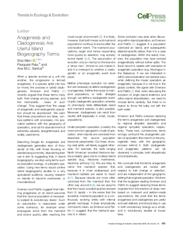(PDF) Anagenesis and Cladogenesis Are Useful Island Biogeography Terms