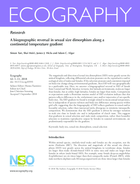 (PDF) A biogeographic reversal in sexual size dimorphism along a ...