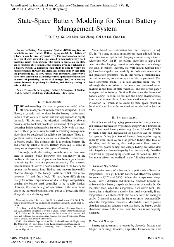 (PDF) State-Space Battery Modeling for Smart Battery Management System