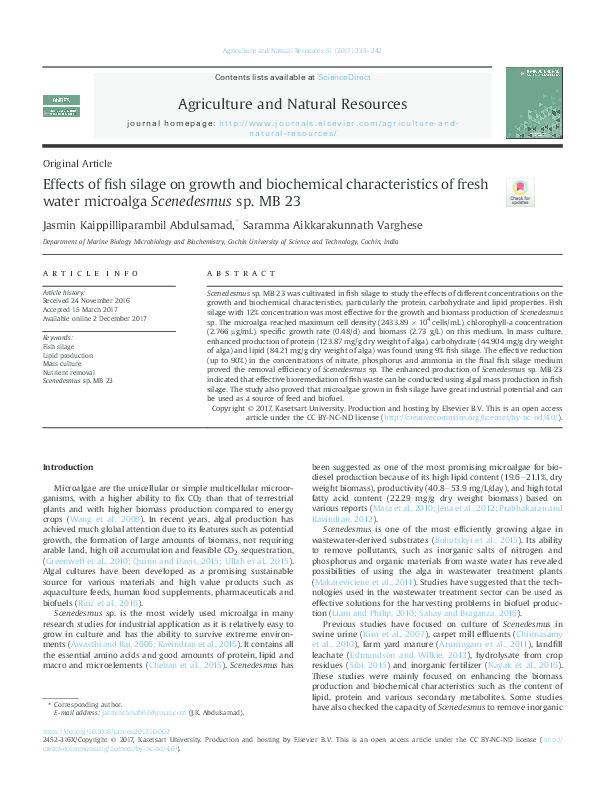 (PDF) Effects of fish silage on growth and biochemical characteristics ...