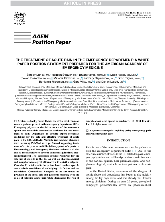 (PDF) AAEM Position Paper THE TREATMENT OF ACUTE PAIN IN THE EMERGENCY ...