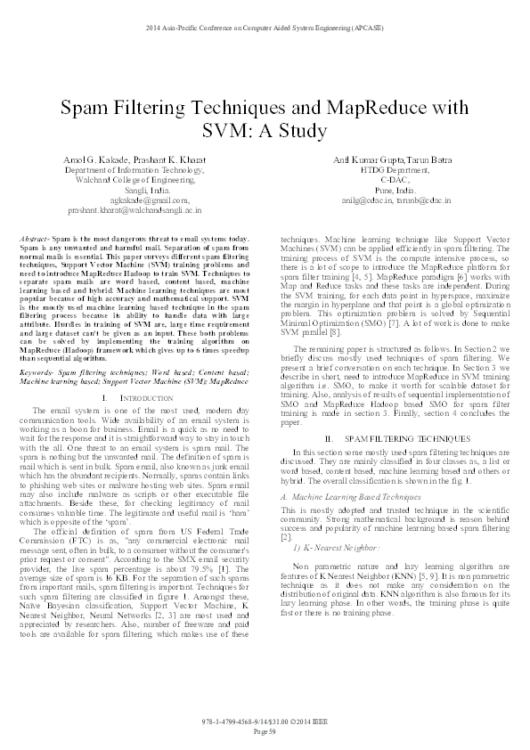 Pdf Apcase2014 Amol Spam Filtering Techniques And Mapreduce With Svm