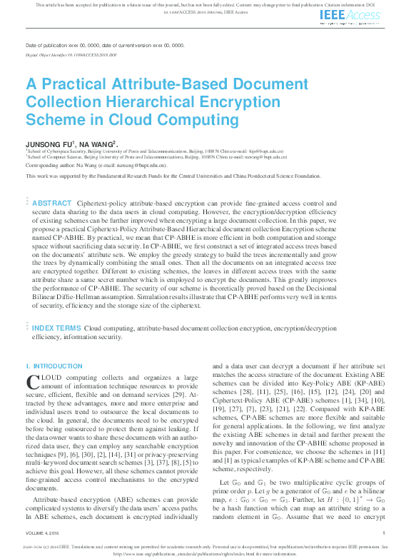 Pdf A Practical Attribute Based Document Collection Hierarchical Encryption Scheme In Cloud