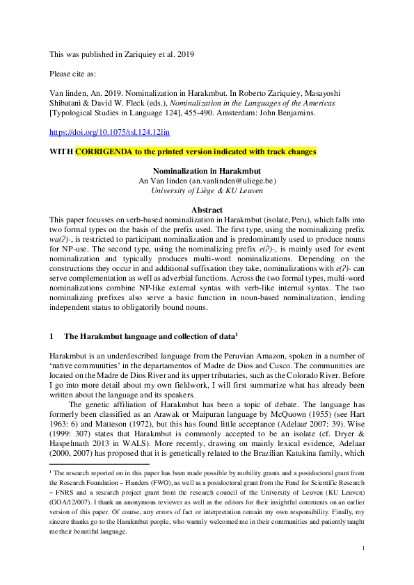 (PDF) Nominalization in Harakmbut
