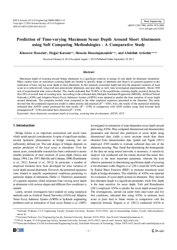 (PDF) Prediction of Time-varying Maximum Scour Depth Around Short Abutments using Soft Computing ...