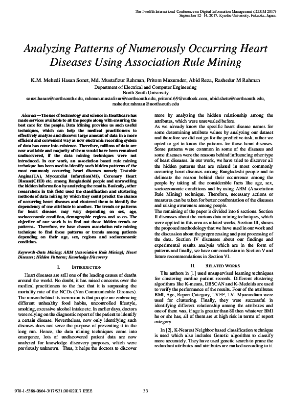 (PDF) Analyzing Patterns of Numerously Occurring Heart Diseases Using Association Rule Mining