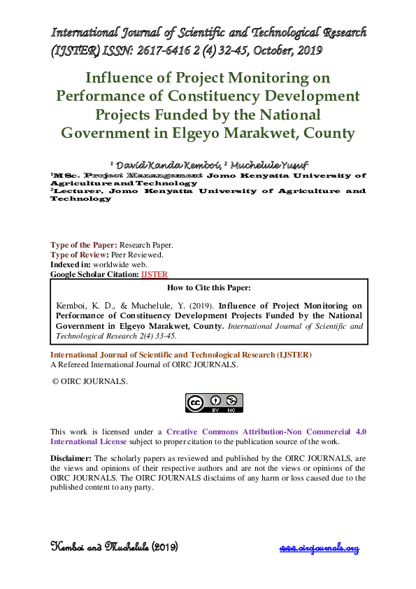 Pdf Influence Of Project Monitoring On Performance Of Constituency Development Projects